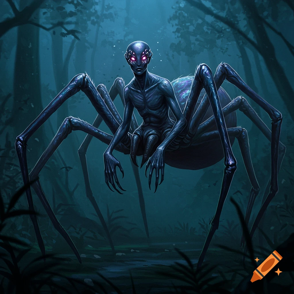Dark fantasy illustration of a spider-humanoid creature with red eyes ...