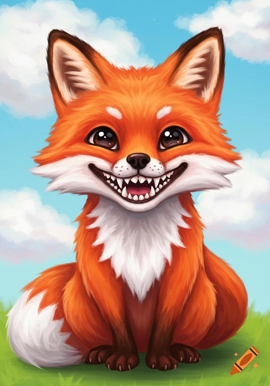 Cartoon illustration of a cute fox with human-like teeth sitting and ...
