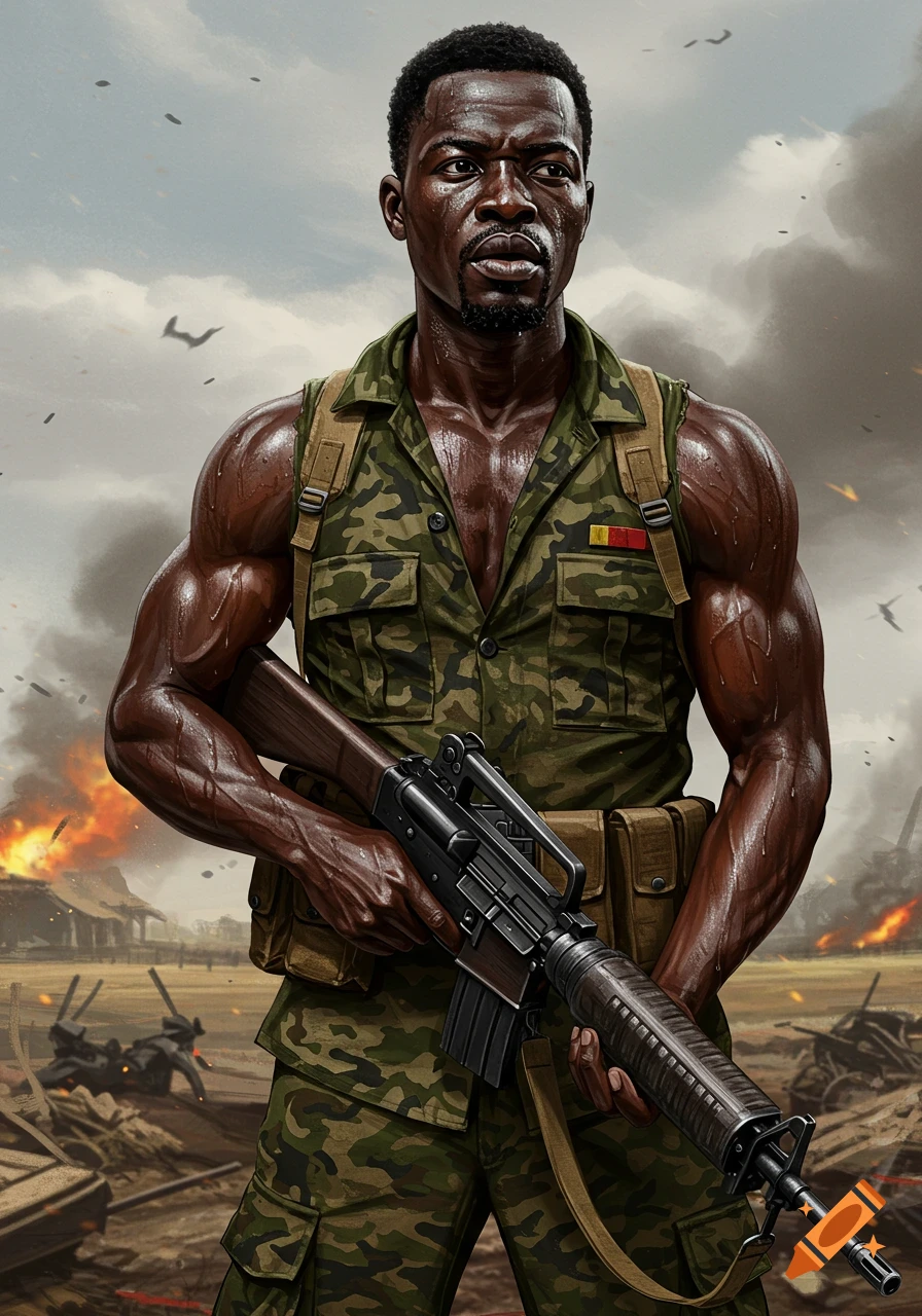 Illustration of a muscular soldier in uniform holding a rifle in a ...