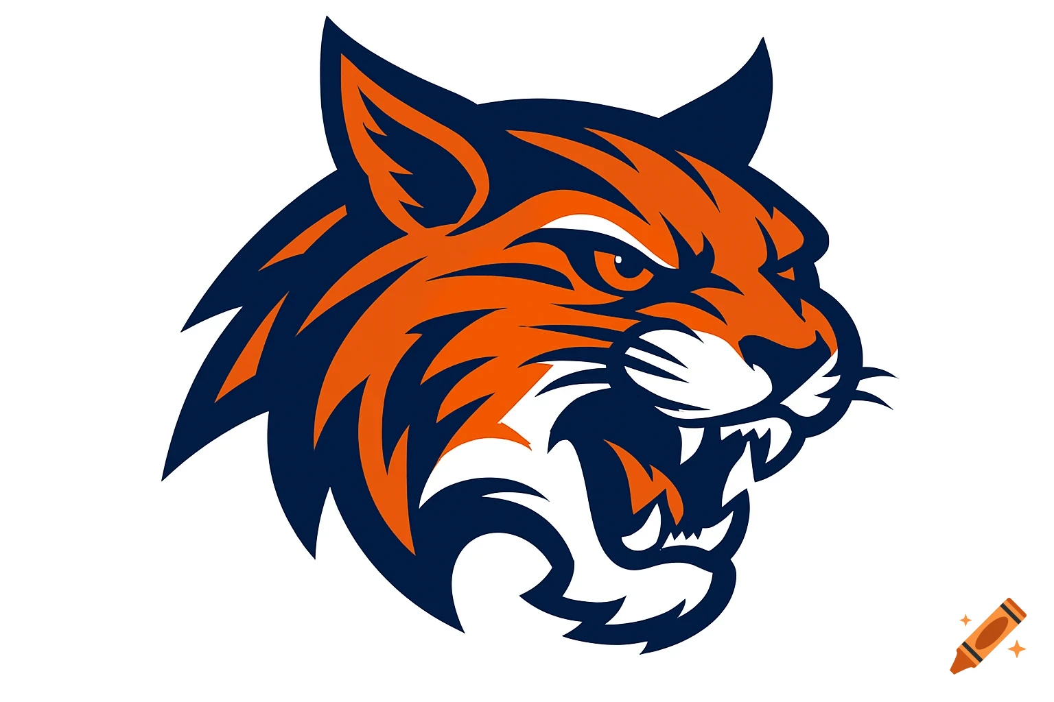 A stylized logo of an orange and dark blue wildcat head roaring. on Craiyon
