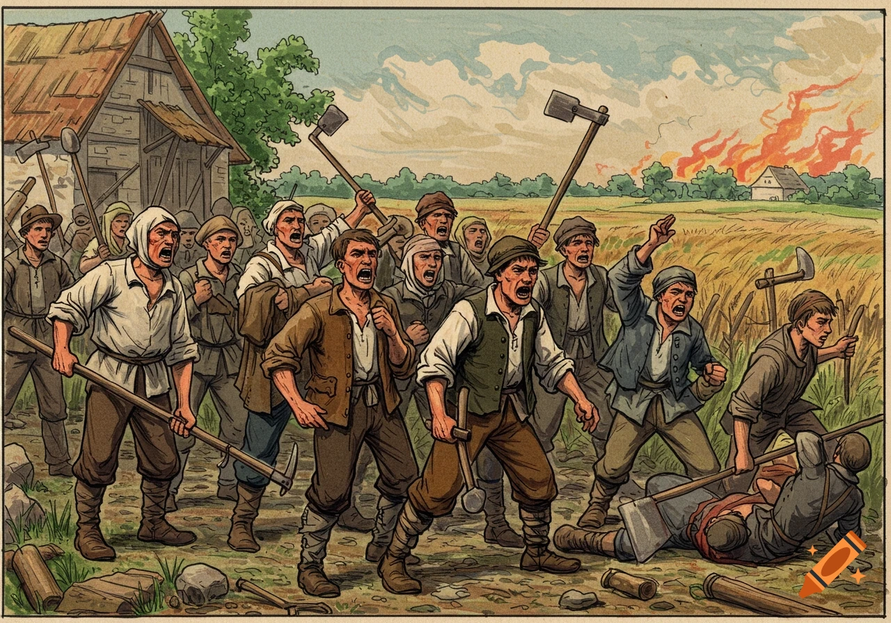 Angry peasants with farming tools revolt, march towards a burning ...