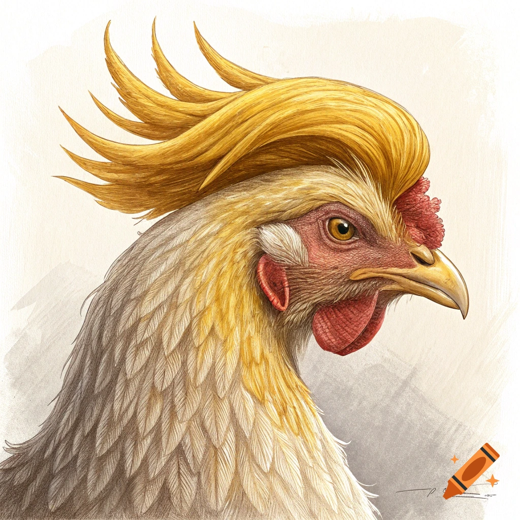 Illustration of a chicken's head in profile with bright golden hair in ...