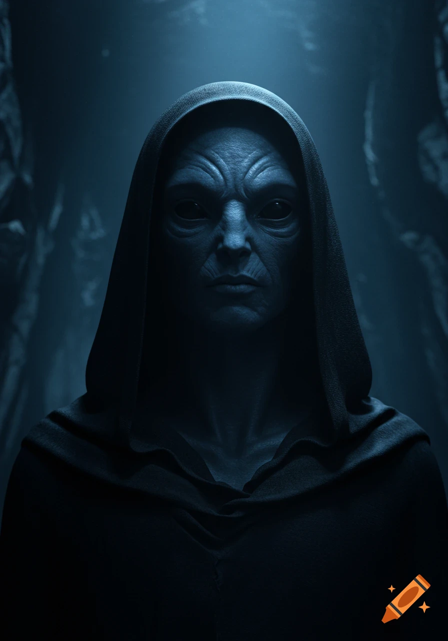 Photorealistic portrait of a hooded alien creature with dark grey skin ...
