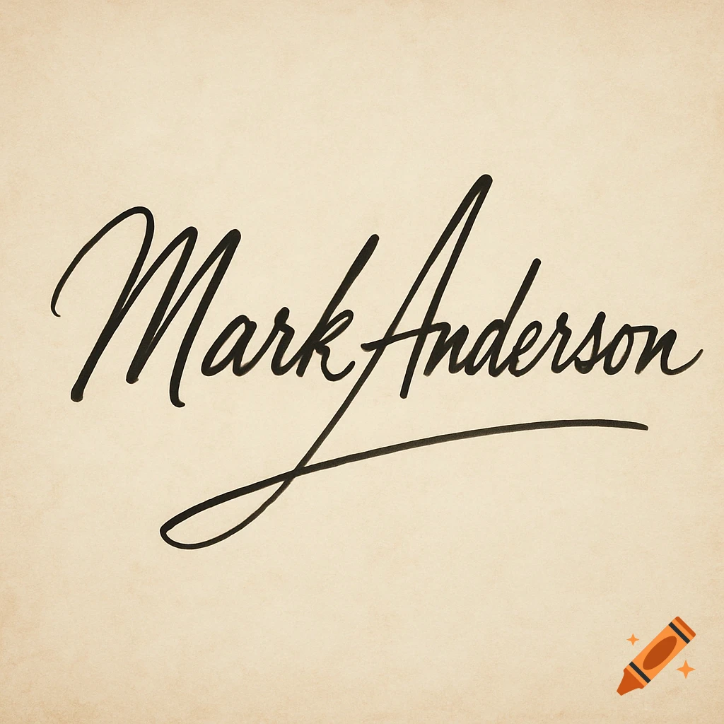 Cursive signature for Mark Anderson on a textured beige background. on ...