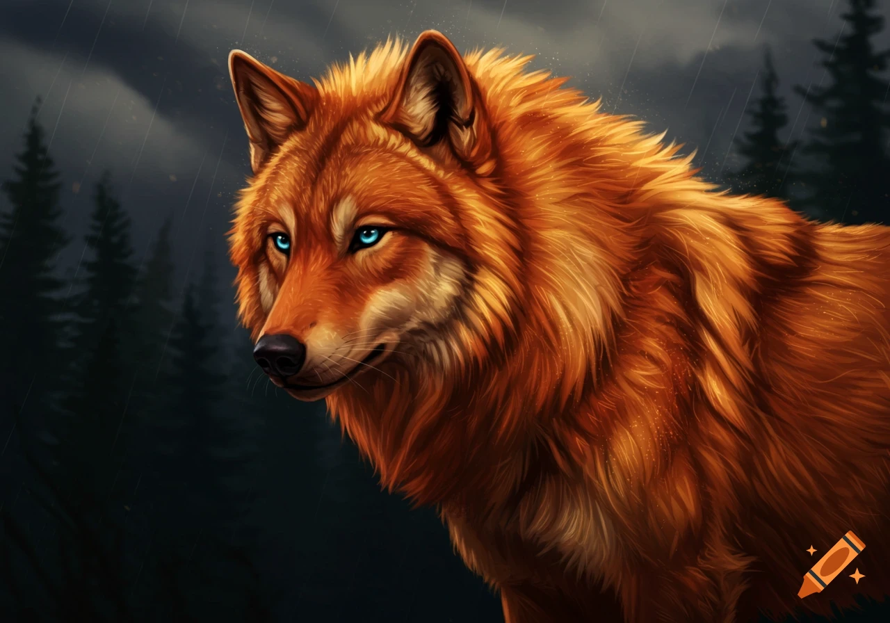 Close-up of a ginger wolf with striking blue eyes standing in a forest ...