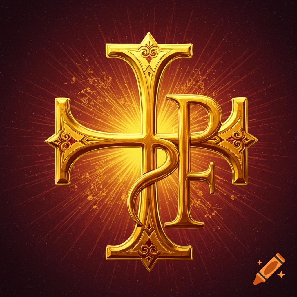 Ornate golden Chi-Rho Christian symbol on a red background with light ...