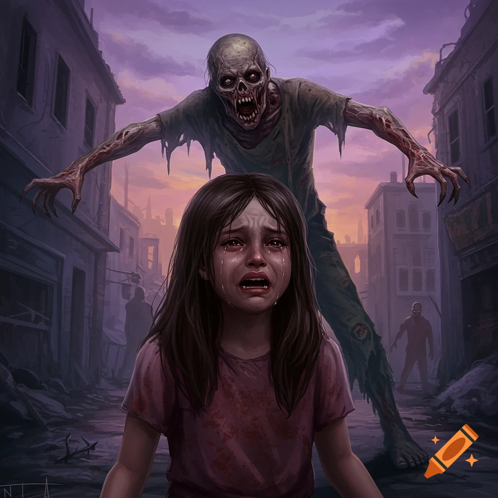 A crying girl is threatened by a zombie in a ruined city street. on Craiyon