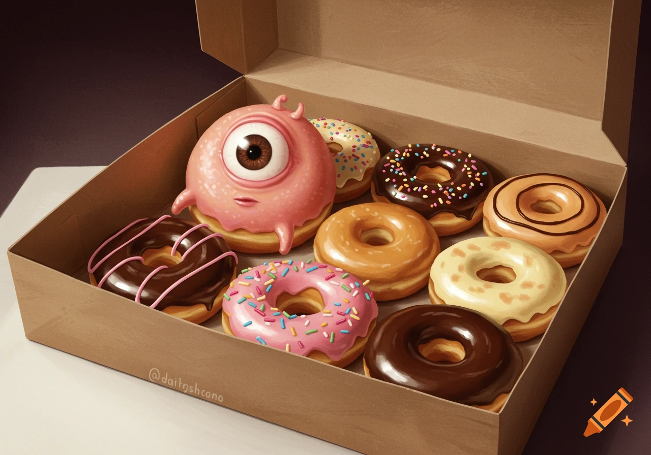 A box of donuts with a pink cyclops monster donut. on Craiyon