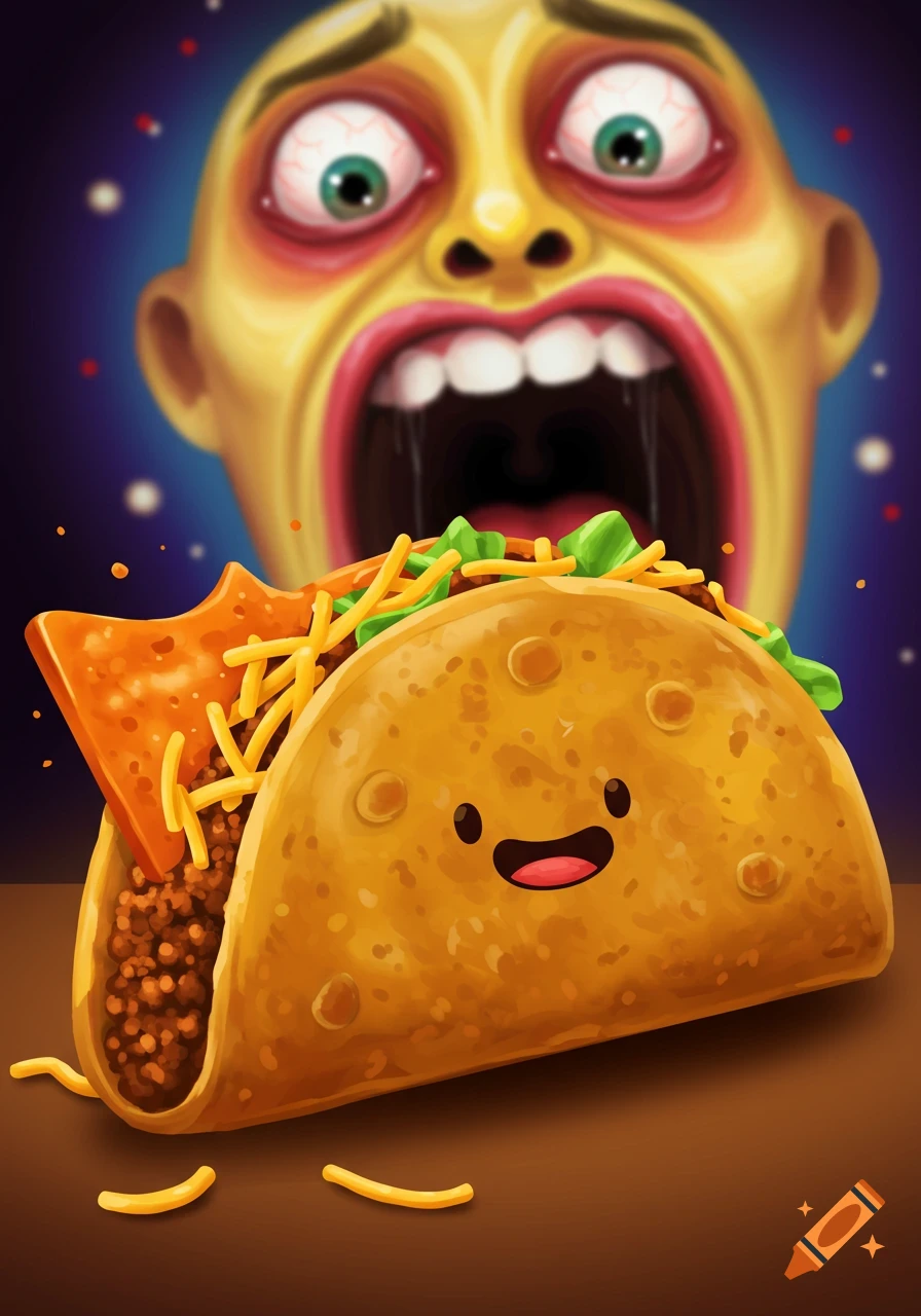 Cartoon illustration of a happy taco eating a Dorito with a screaming ...