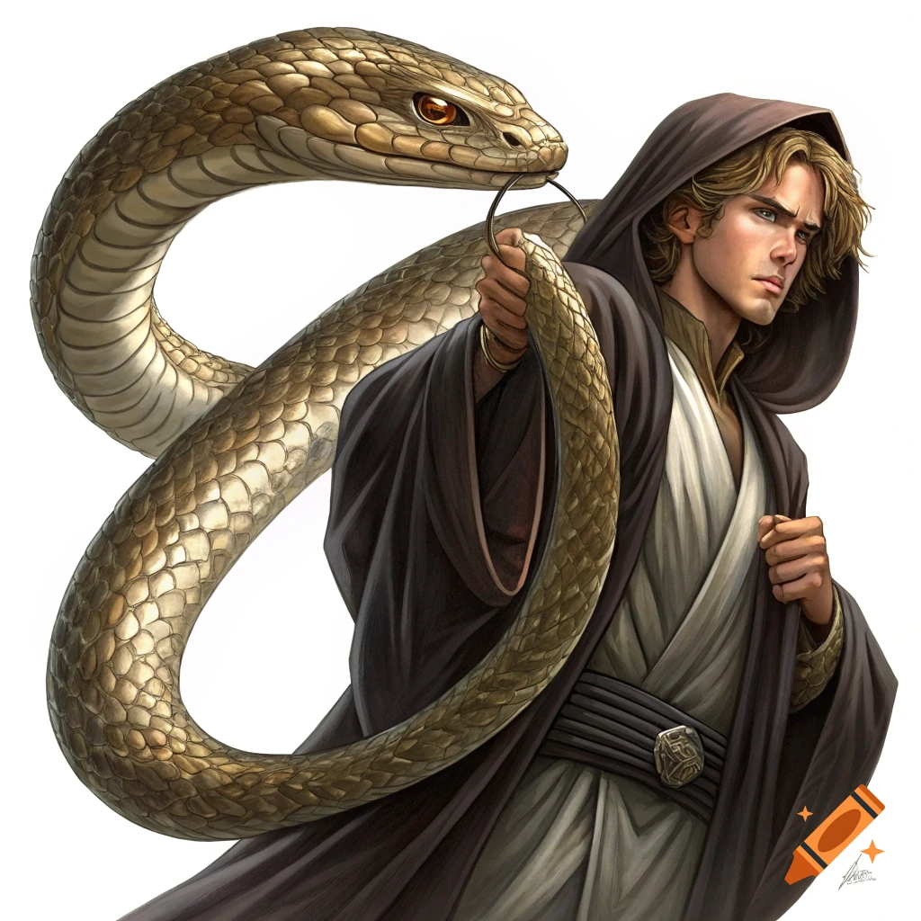 A robed figure holds a large snake wrapped around their body in an illustration. on Craiyon