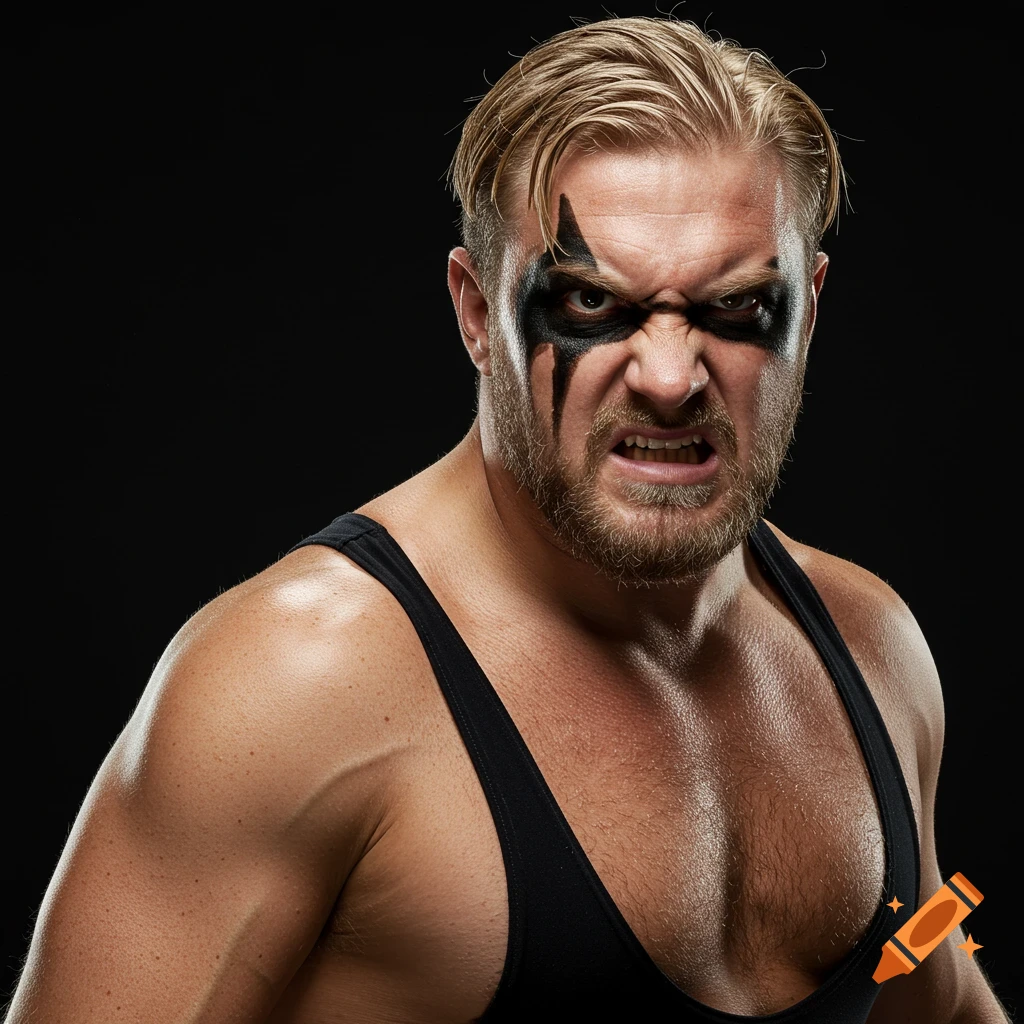 Close-up studio portrait of a male wrestler with face paint and a menacing expression. on Craiyon