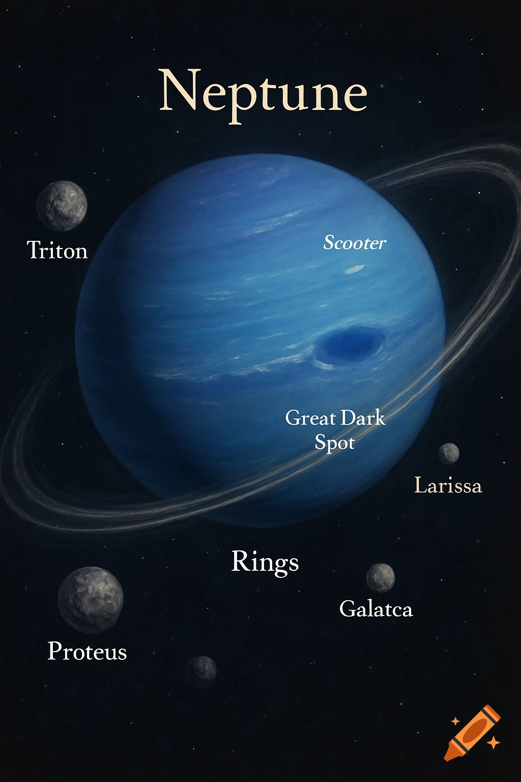 Illustration of Neptune with rings, moons, and storms labelled. on Craiyon