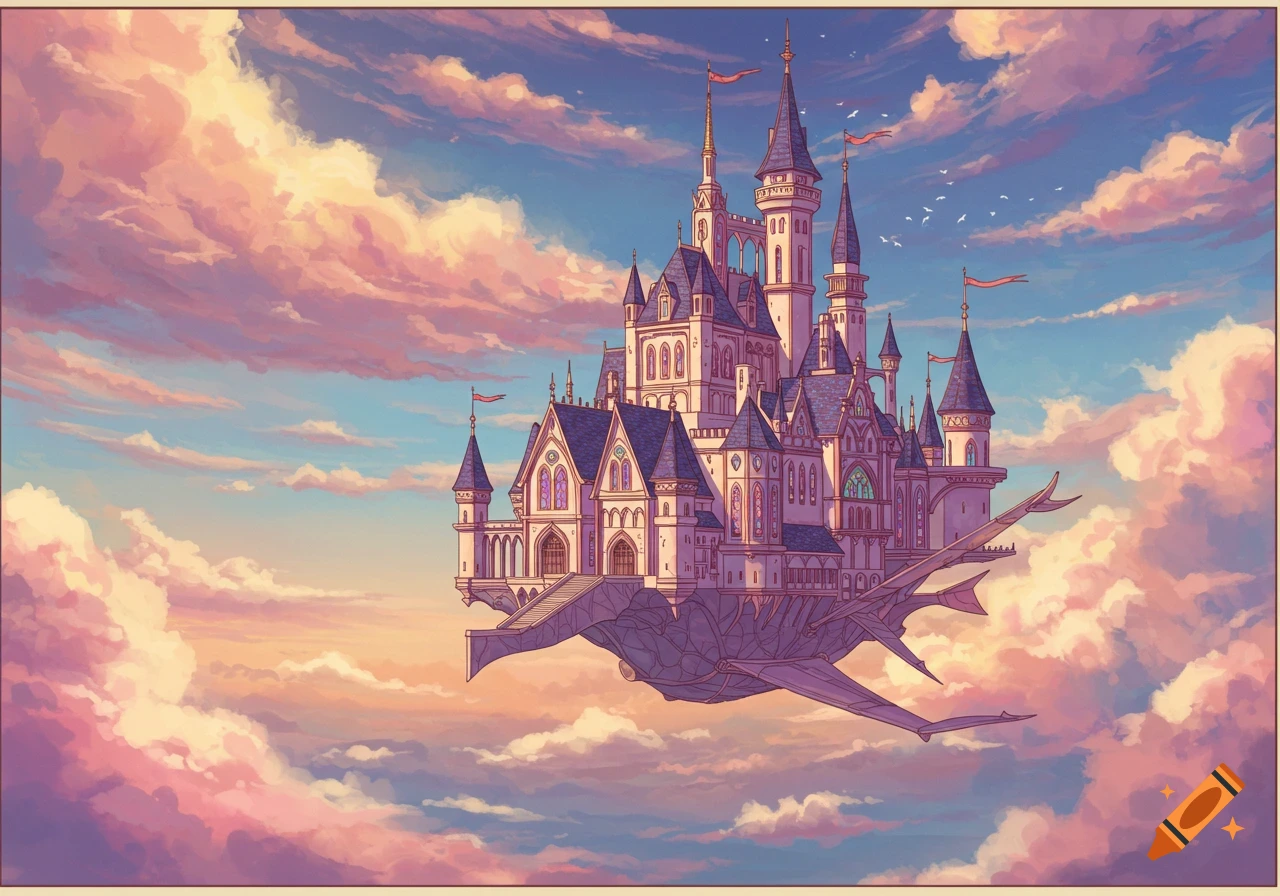 An illustrated fantasy castle floating in the sky amidst pink and purple clouds. on Craiyon