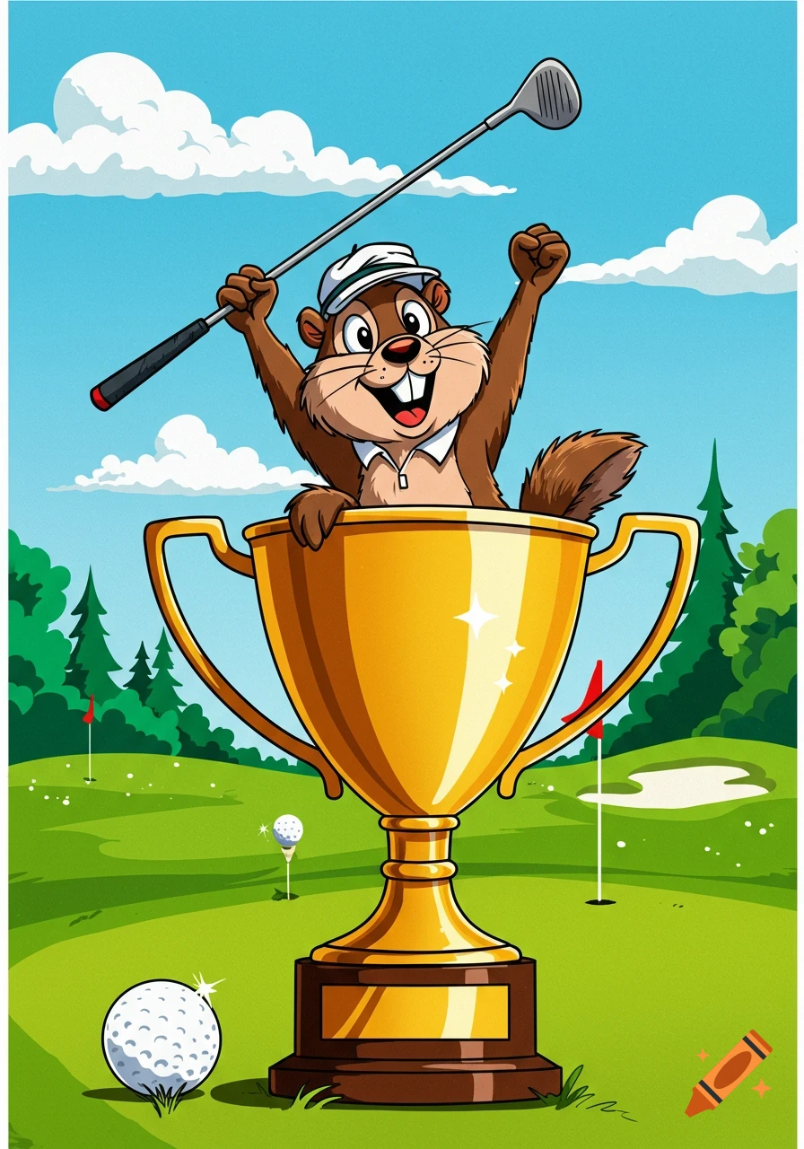 Cartoon gopher golfer in a trophy cup holding a club on Craiyon