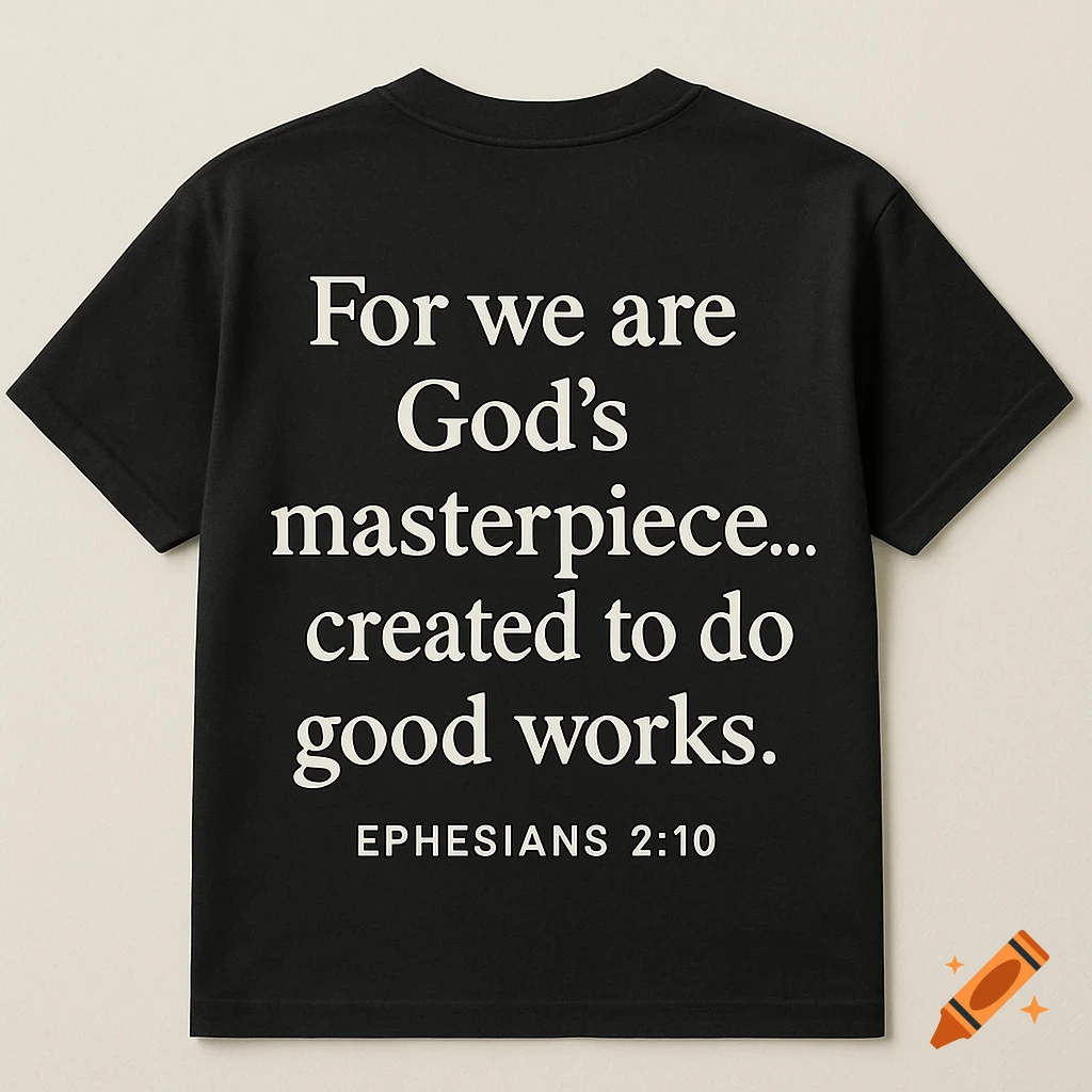 Black t-shirt with white text: "For we are God's masterpiece... created ...