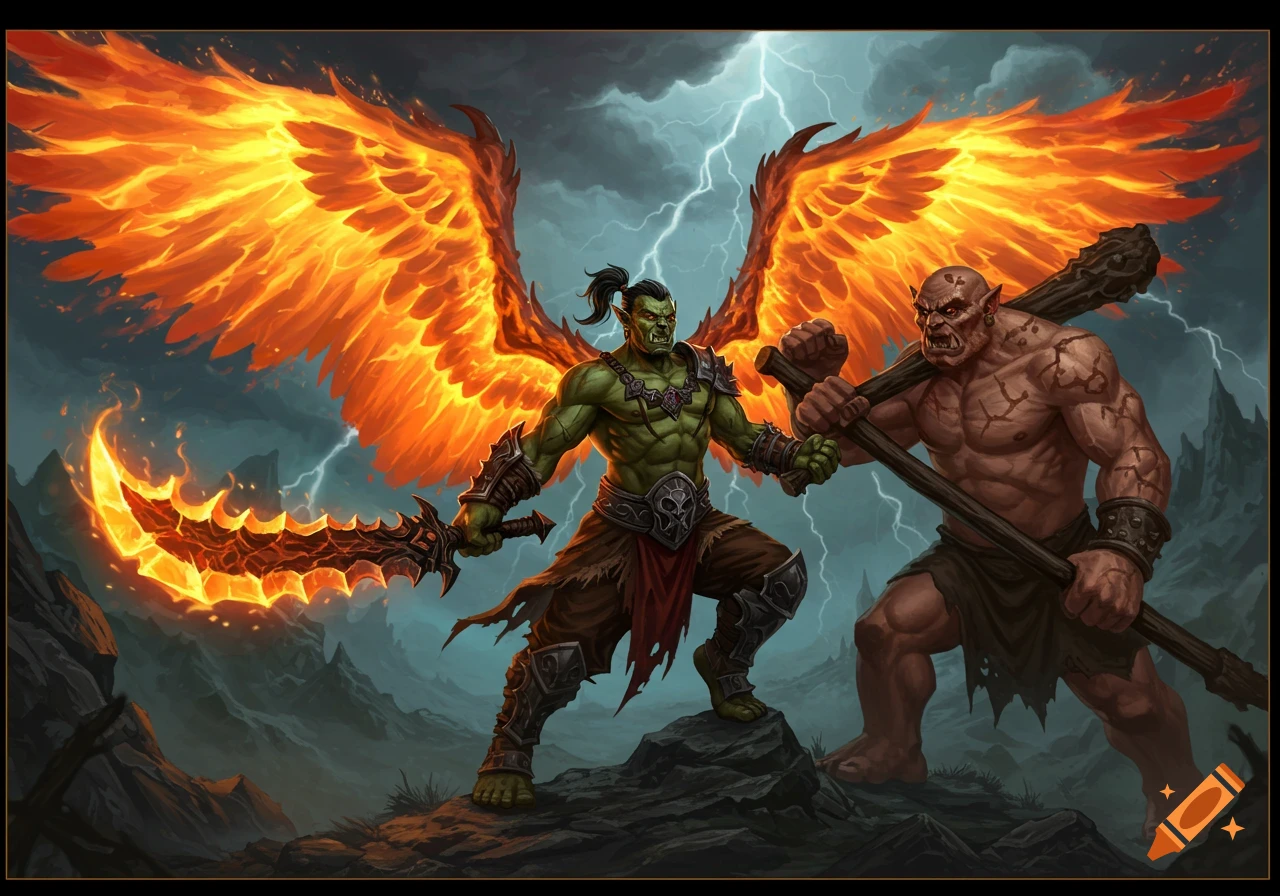 Fantasy illustration of a green orc with fire wings and sword facing a ...