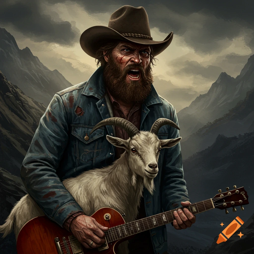 A cowboy holding a goat while playing a guitar in the mountains on Craiyon