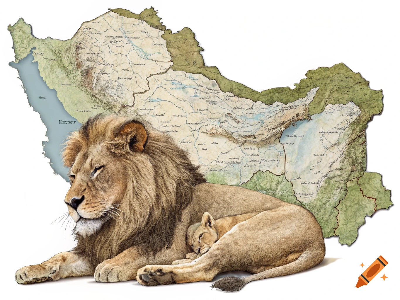 A large lion and cub lying on a detailed map of Iran. on Craiyon