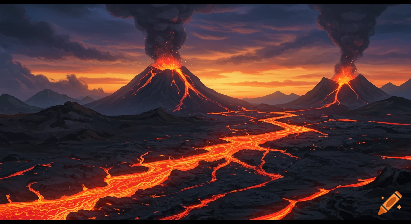 Illustration of multiple volcanoes erupting lava rivers at sunset across a dark landscape on Craiyon