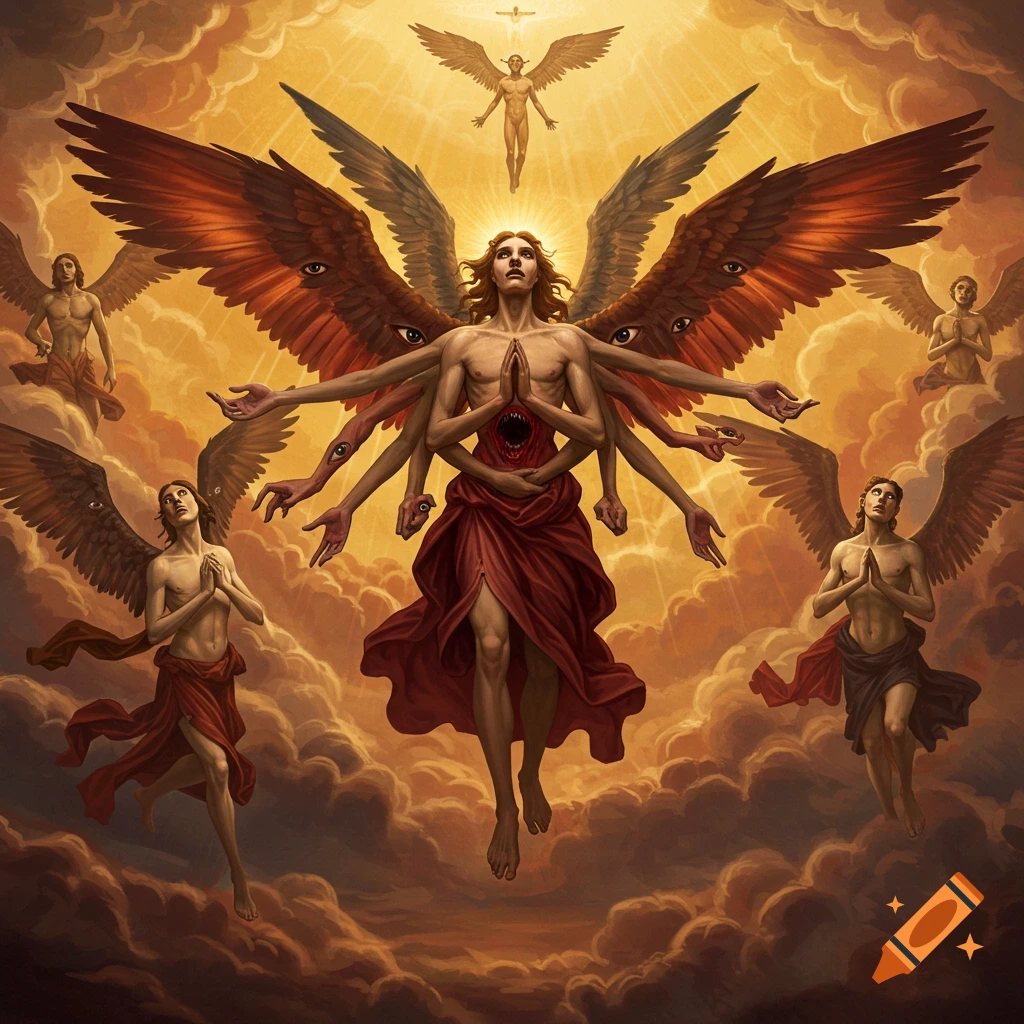 Biblically accurate angels with many arms and wings with eyes float among golden clouds on Craiyon