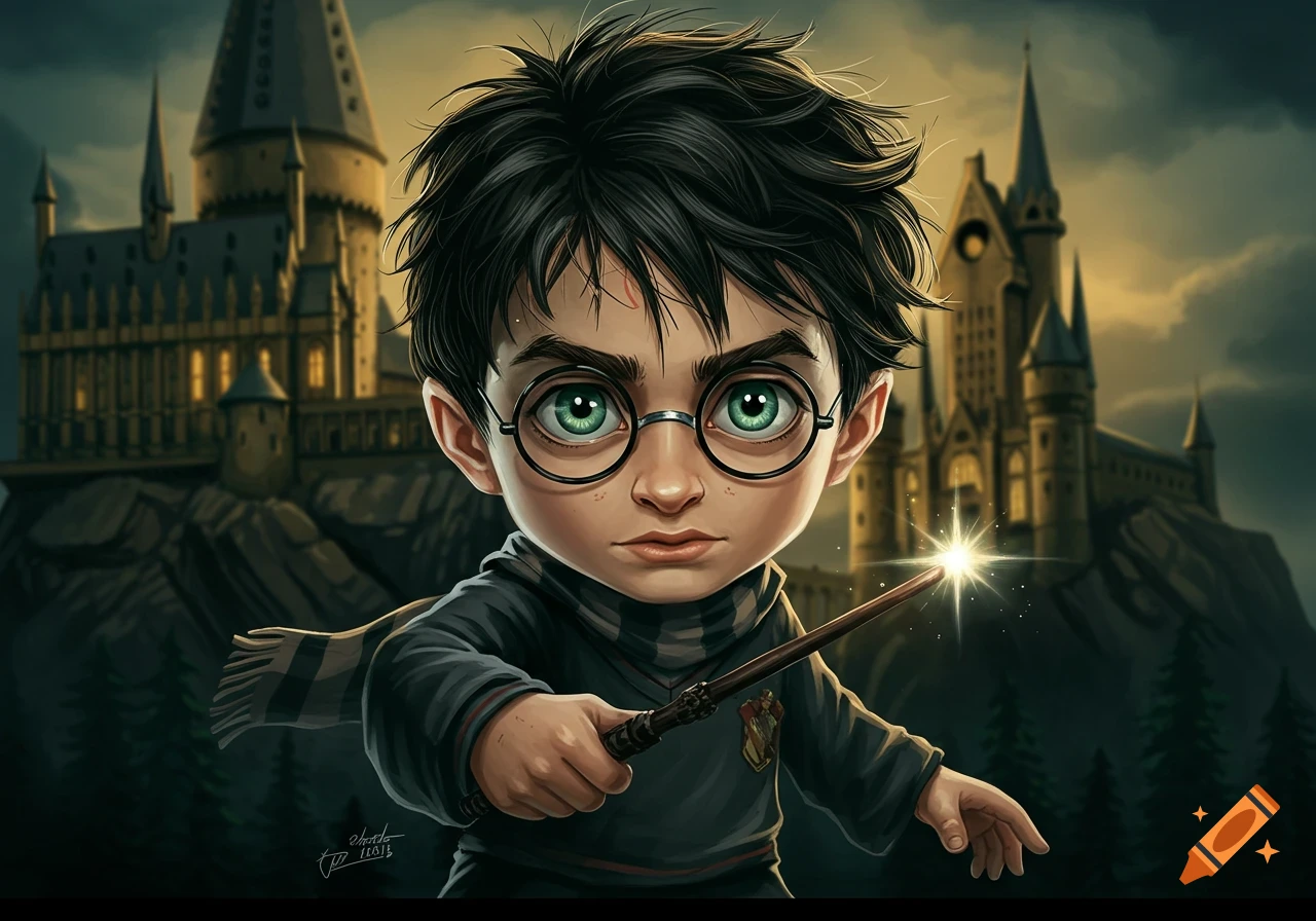 Cartoon Harry Potter with glowing wand in front of a castle. on Craiyon
