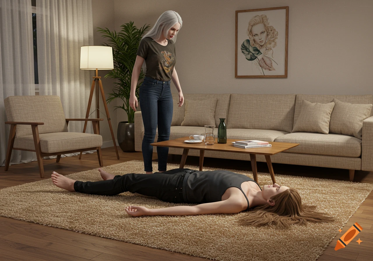 A woman stands over another person lying on a rug in a modern living ...