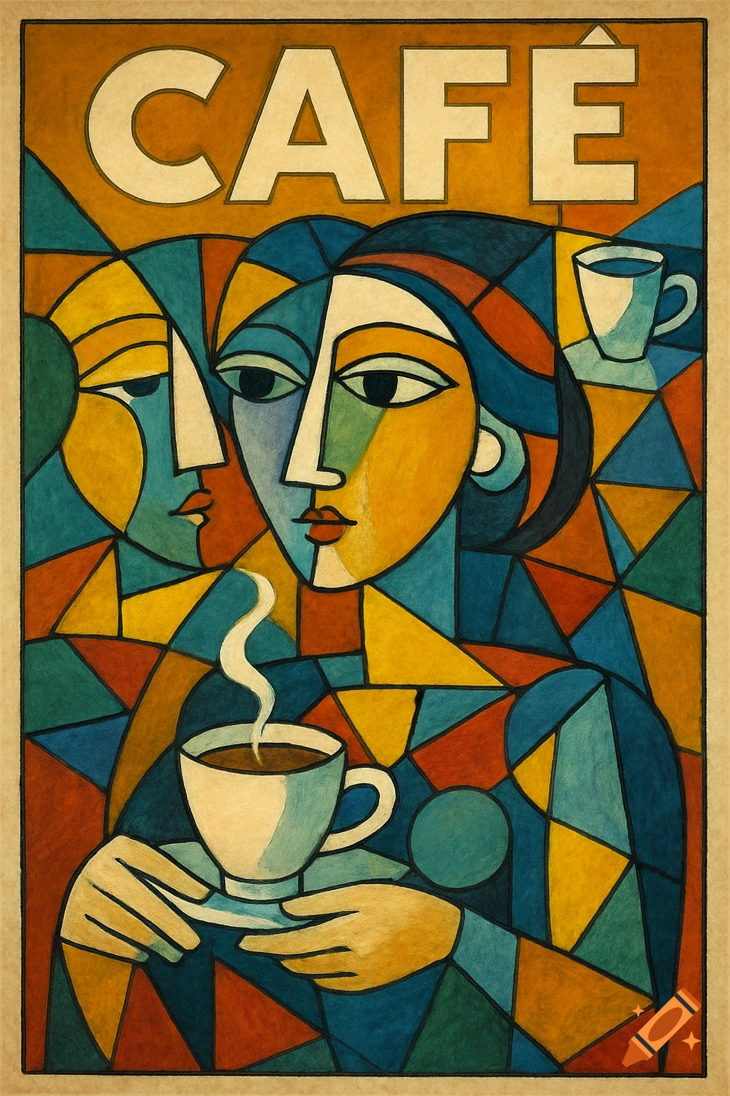 A Cubist-style poster featuring two figures holding coffee cups under ...