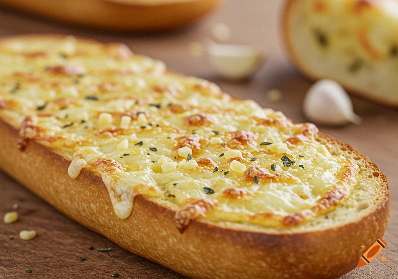 Close-up of cheesy garlic bread on a baguette. on Craiyon