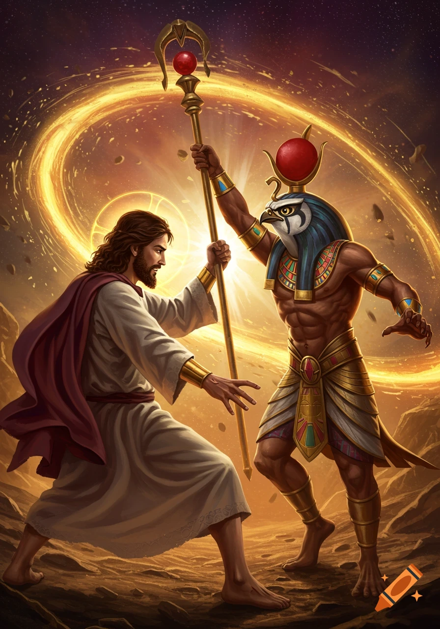 Jesus battles the Egyptian god Ra over a staff in a dramatic fantasy ...