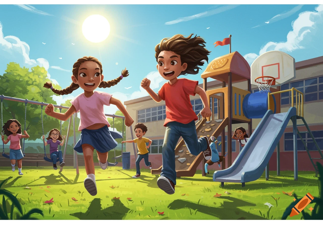 Children run and play on a sunny school playground with swings, a slide ...