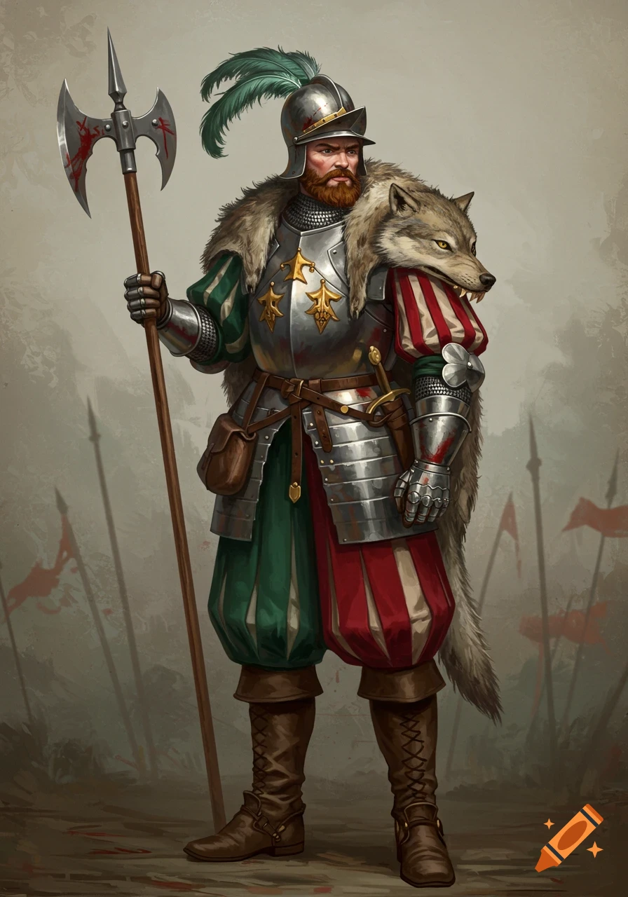 A detailed illustration of a landsknecht warrior wearing armor and a ...