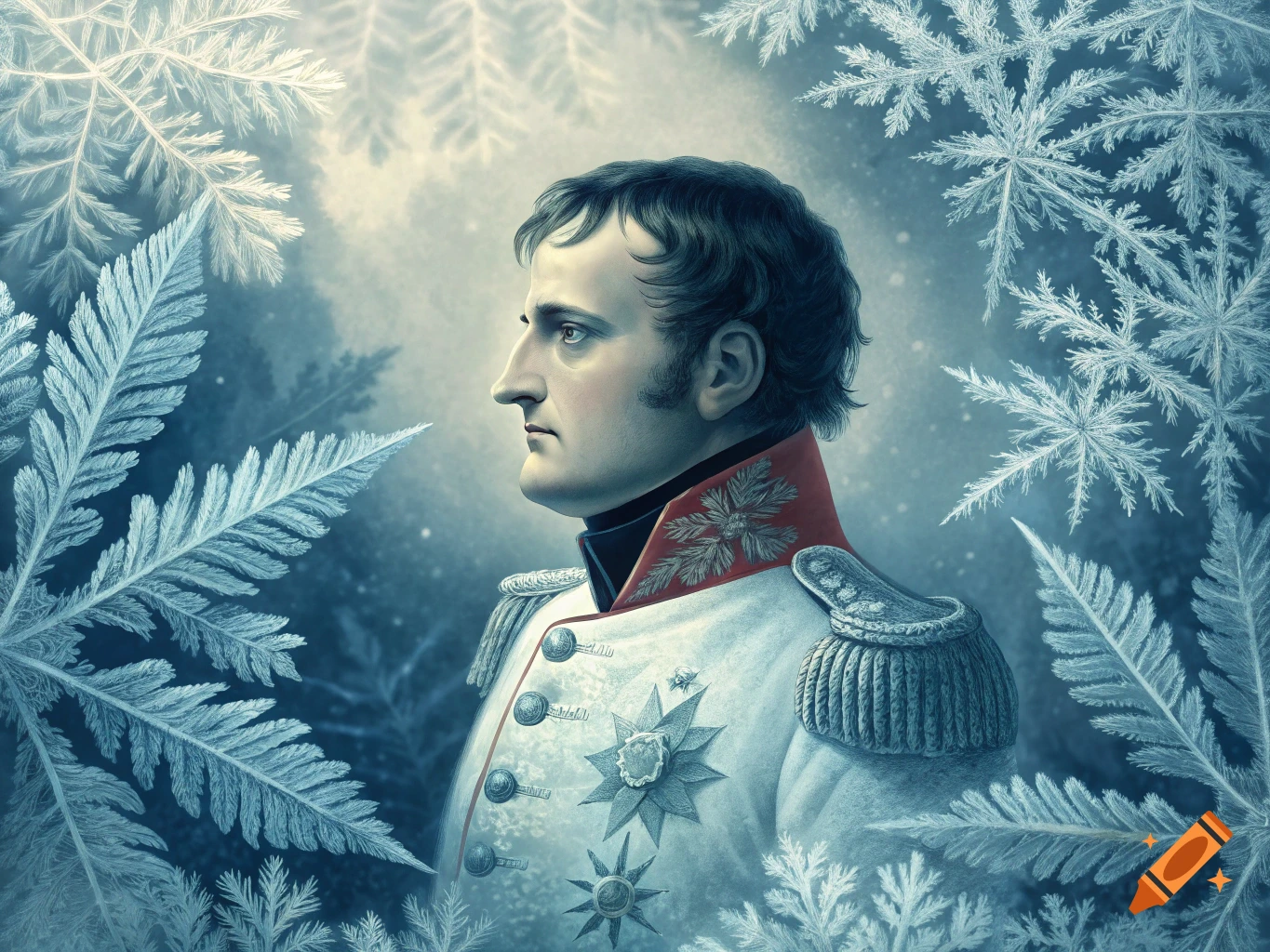 Portrait of a man resembling Napoleon in a winter setting with frost ...