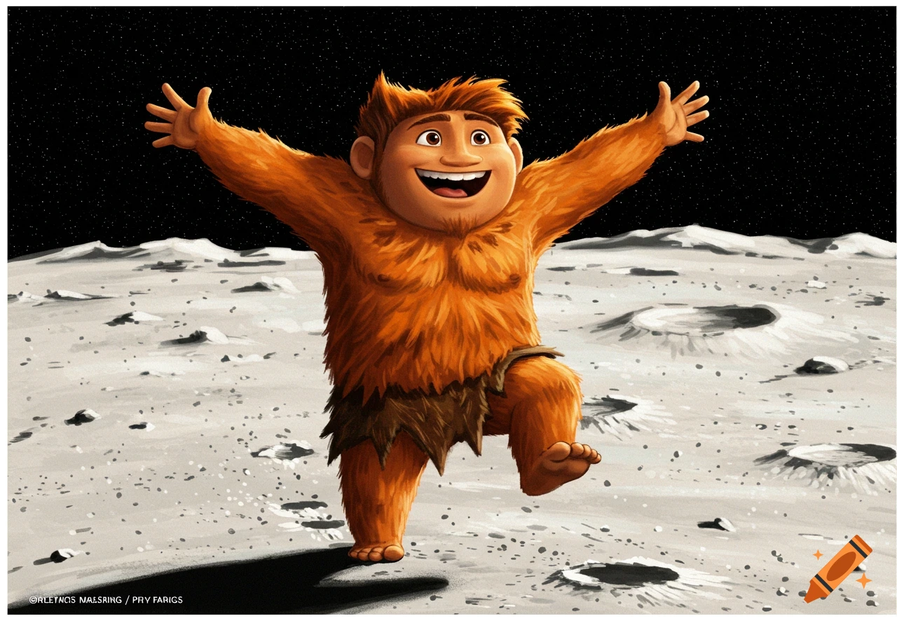 Cartoon character Grug from The Croods dancing on the moon. on Craiyon