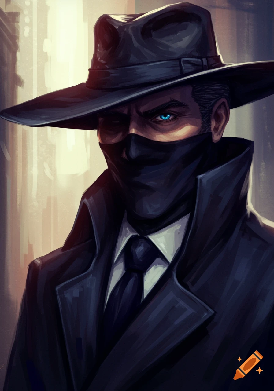 Illustration of a man in a fedora, mask, and suit with intense blue ...