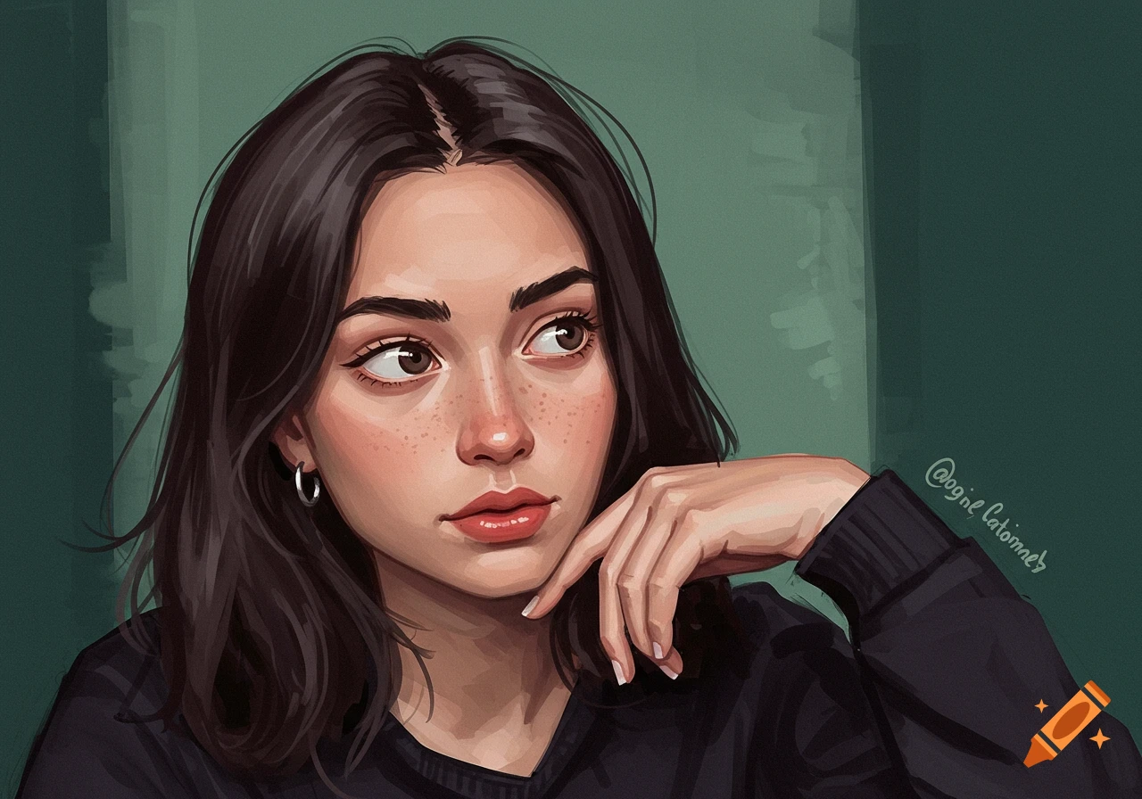 Digital painting portrait of a young woman with dark hair, freckles ...