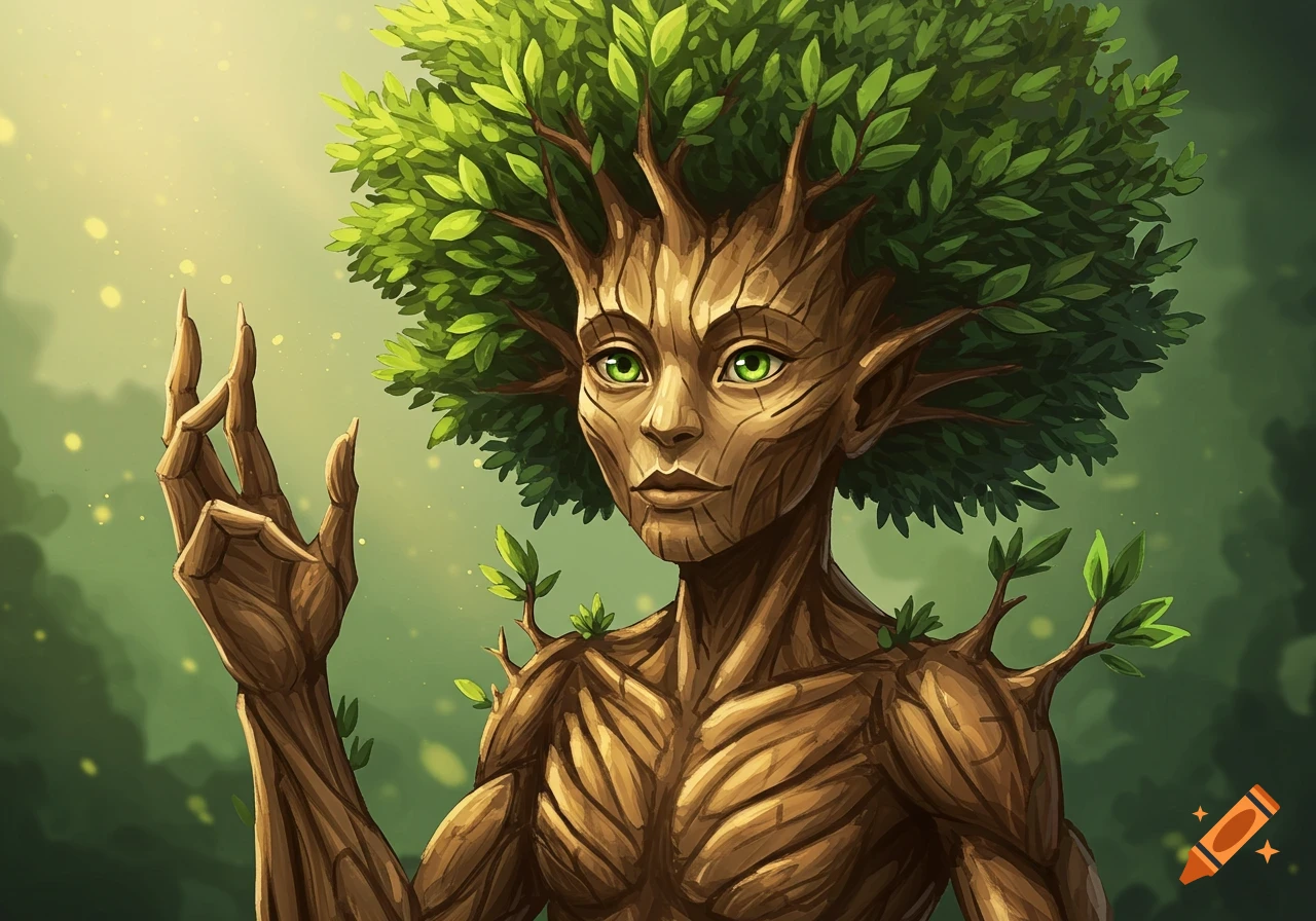 Stylized illustration of a fantasy tree creature or spirit with vibrant ...