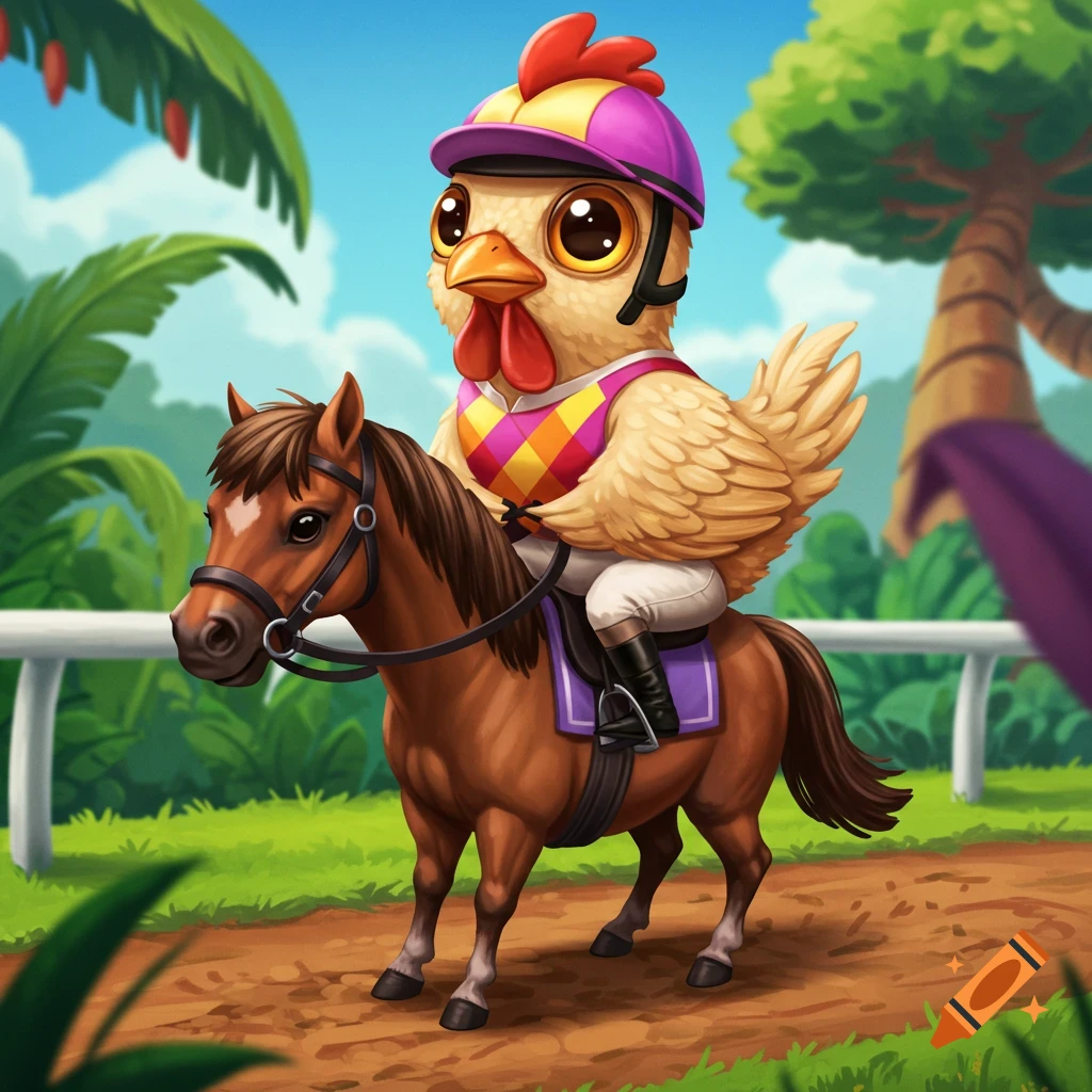 Cartoon chicken wearing a jockey outfit rides a horse on a race track ...
