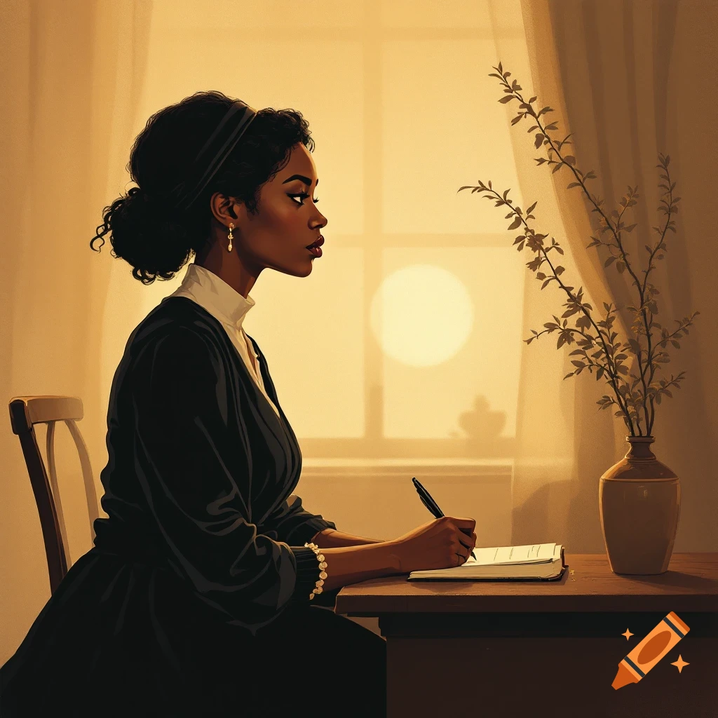 Painting of a Black woman writing at a desk in warm light. on Craiyon