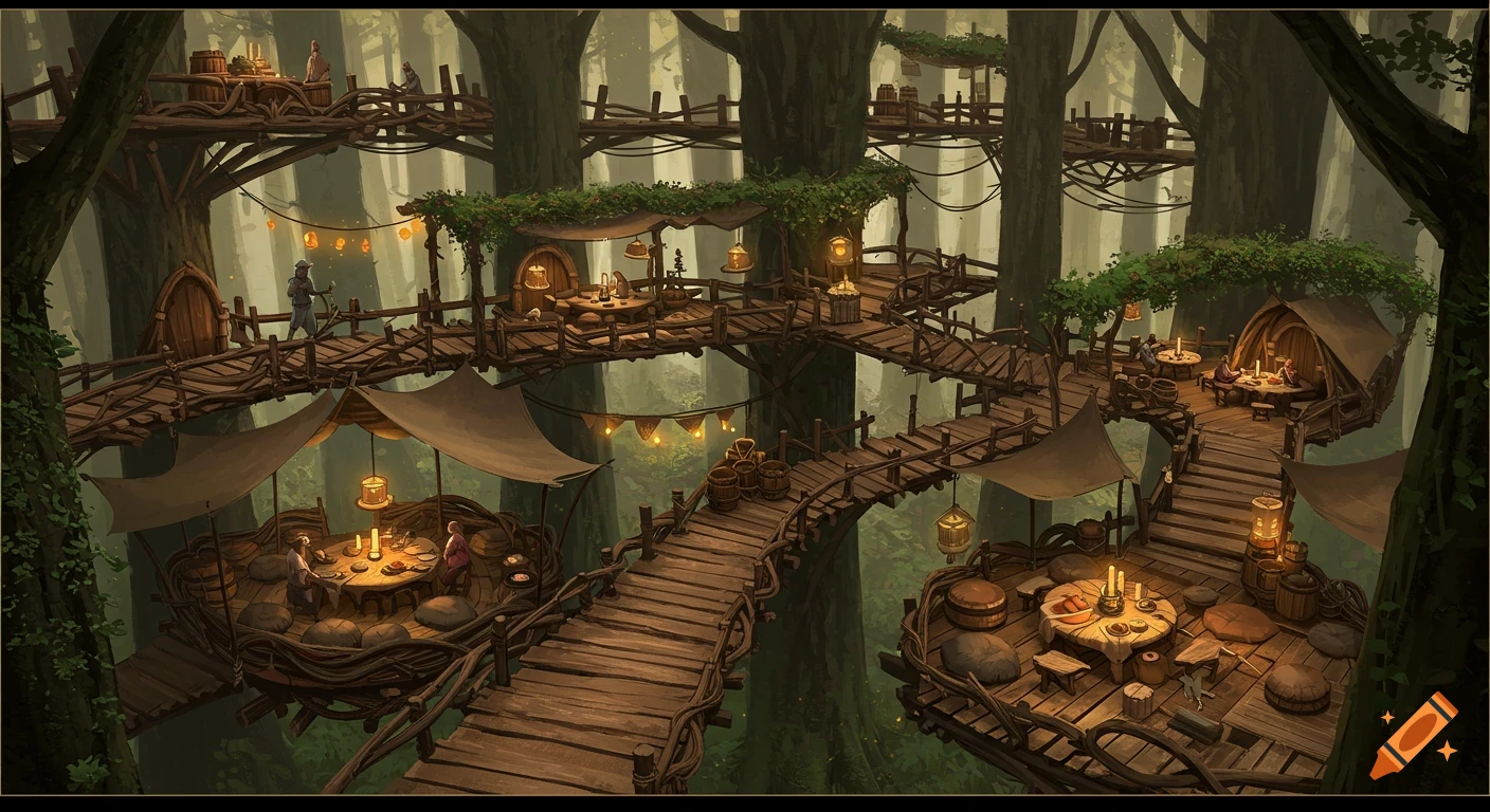A detailed fantasy concept art rendering of a rustic tree village with ...