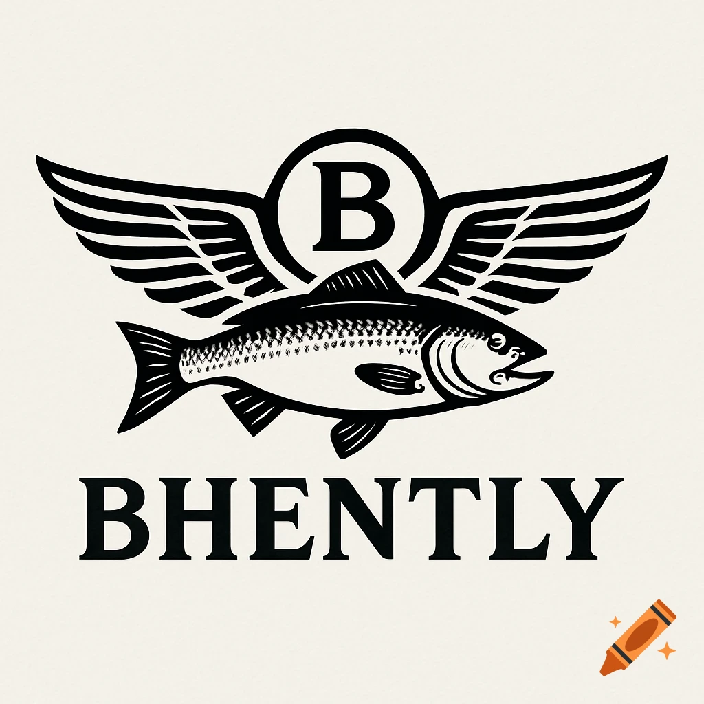 Black and white logo with winged fish, circle with 'B', and text ...