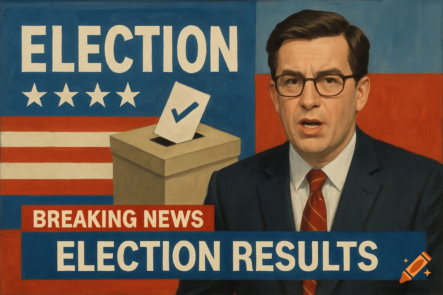 Man in suit reports election news in front of ballot box and US flag ...