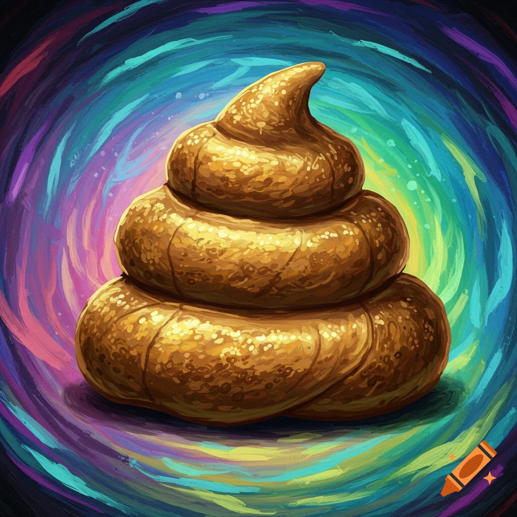 A golden stylized poop icon against a swirling rainbow background. on ...