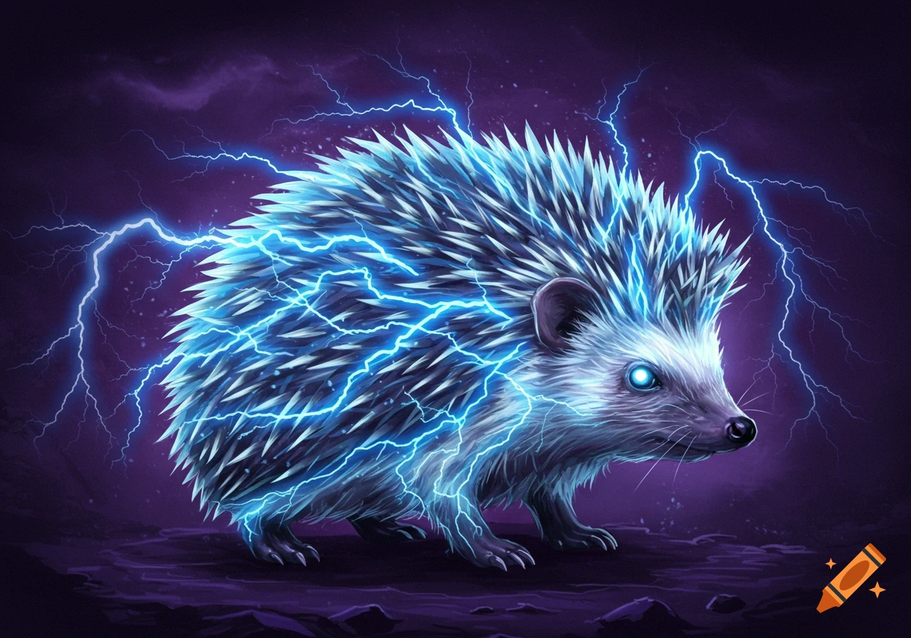 An illustration of a hedgehog surrounded by bright blue lightning. on ...