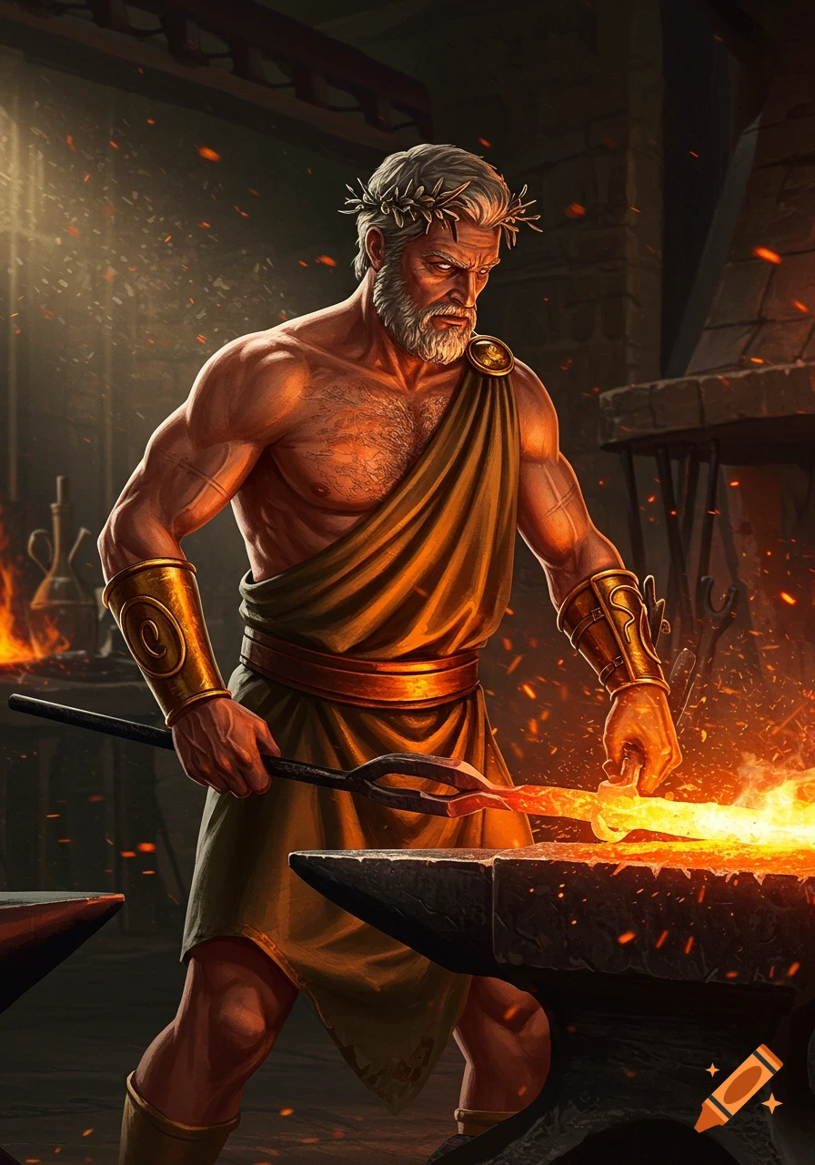 Hephaestus, the Greek god of blacksmiths, working hot metal on an anvil ...
