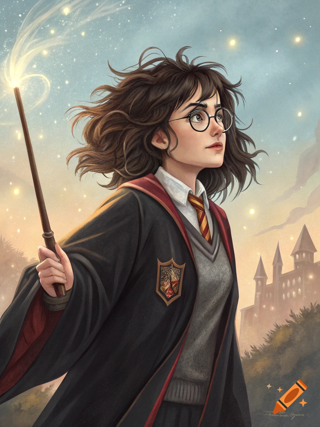 Female character resembling Harry Potter in wizard robes with wand ...