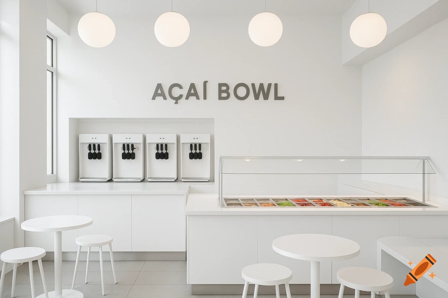 Minimalist white açaí bowl shop interior with machines, toppings bar ...