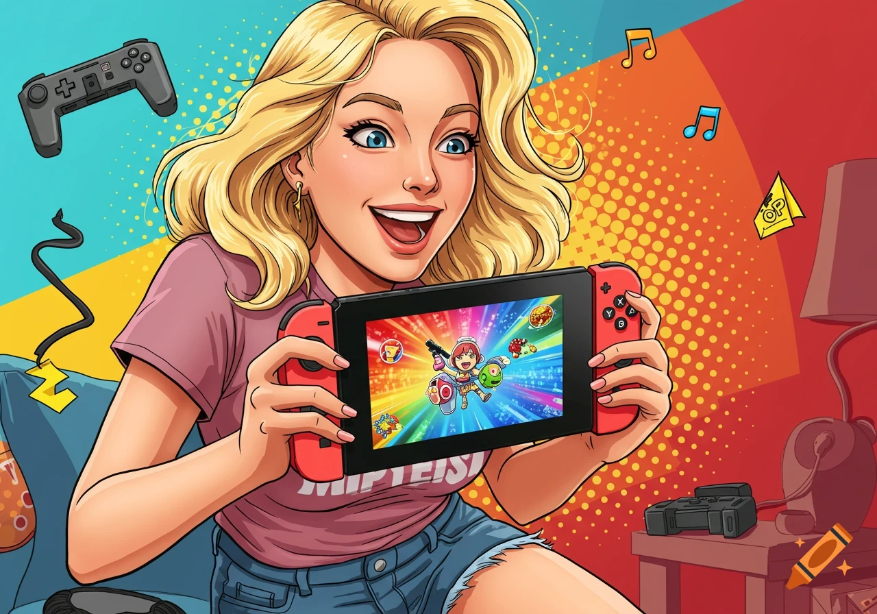Blonde woman playing a video game console in a colorful pop art style ...