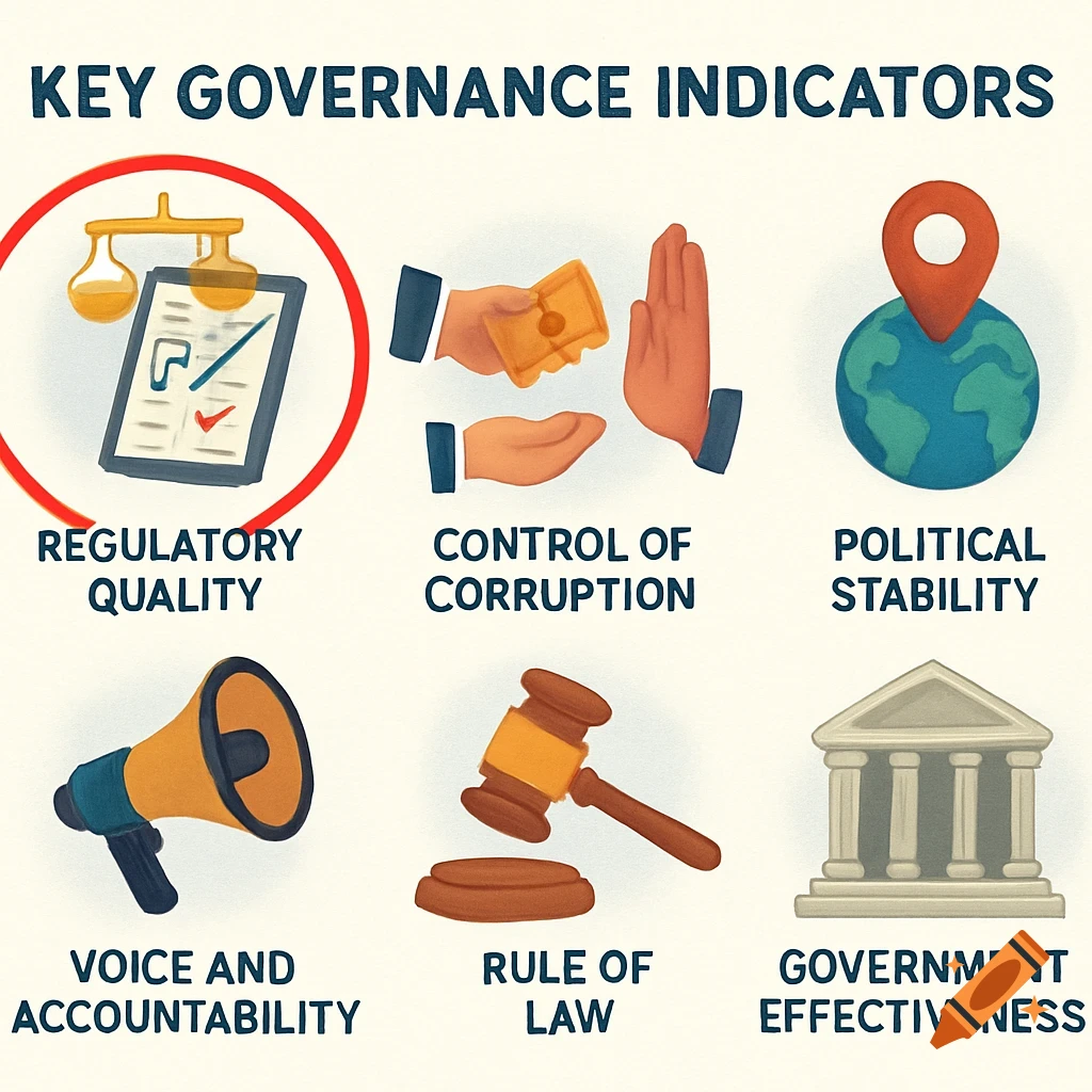 Infographic with icons for key governance indicators. on Craiyon