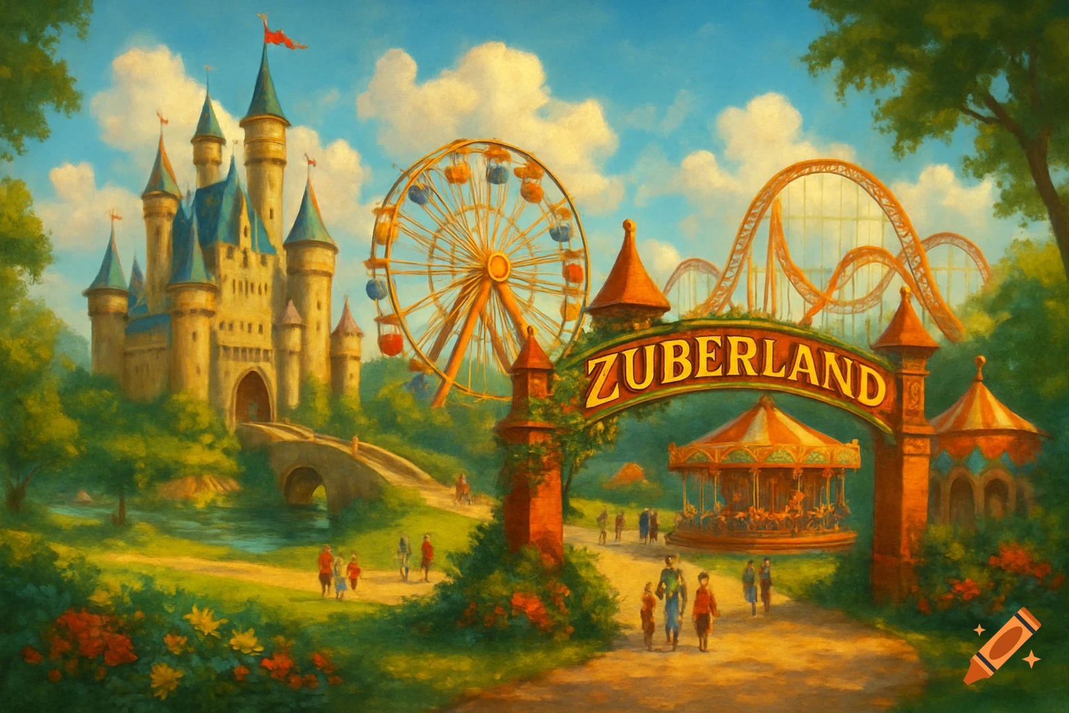 Painterly image of a fantasy amusement park with a castle, ferris wheel ...