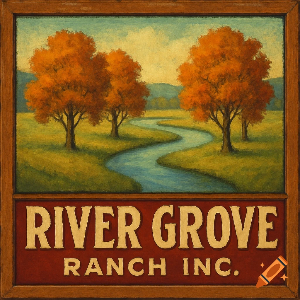 Painting of a river landscape with autumn trees and a sign reading ...